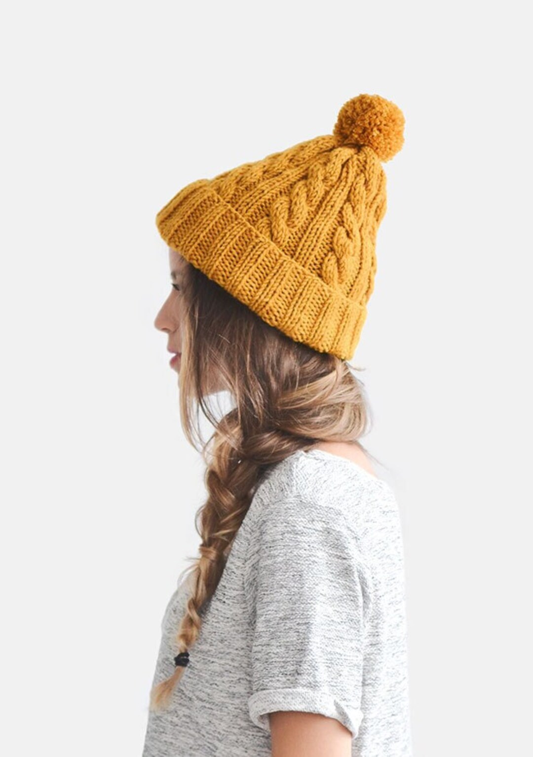 Hand Knit Beanie in Mustard Yellow, Cable Knit Womens Winter Hat With ...