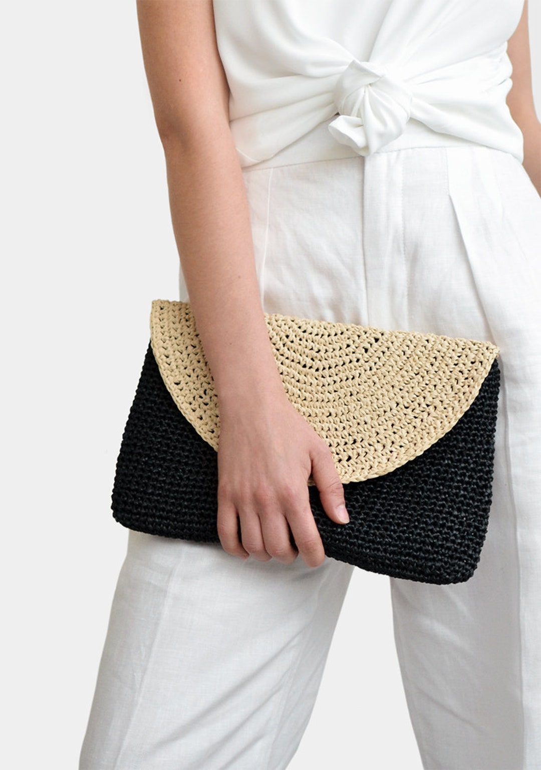 Two Tone Clutch, Raffia Handbag, Color Block Clutch, Big Clutch Bag ...
