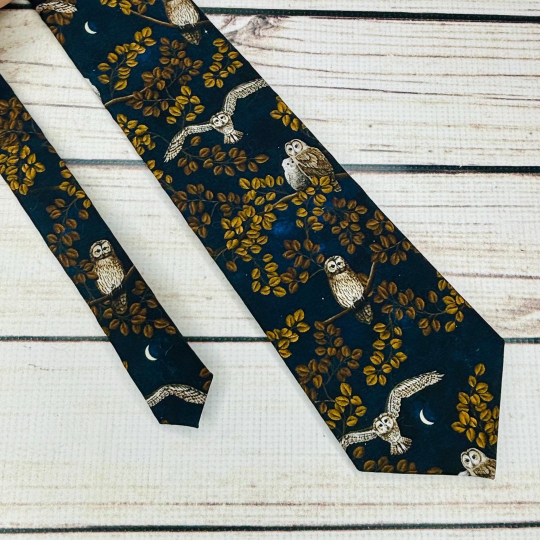 Night Owl Necktie, Forest Leaves, Black and Navy Blue, Owl Flight ...