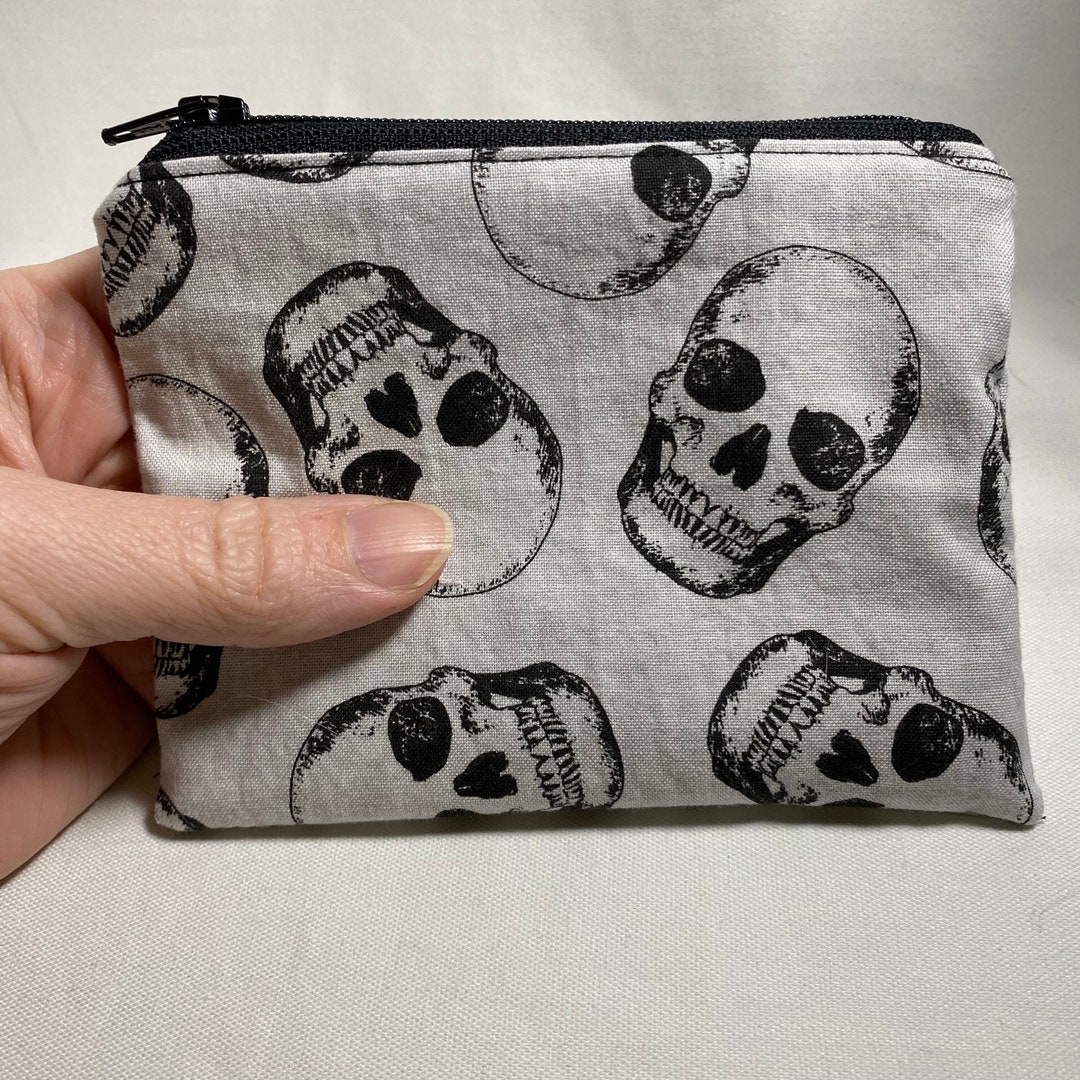 Skull Zipper Pouch, Black Skulls on Grey, Card Wallet, Human Skull ...