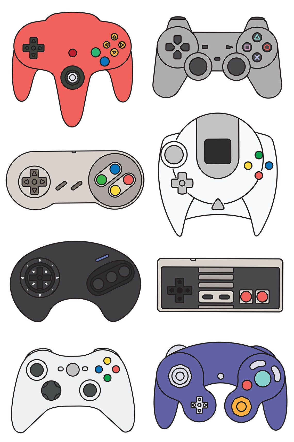 Videogame Controllers Retro Minimalist Nintendo Sega Xbox Sony ...