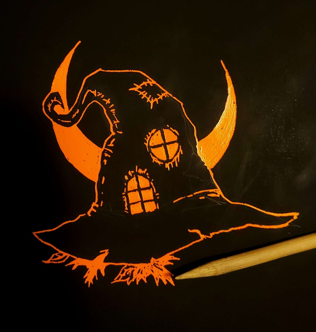 Witch Hat House Scratch Art Original Art Halloween Cute Art ...