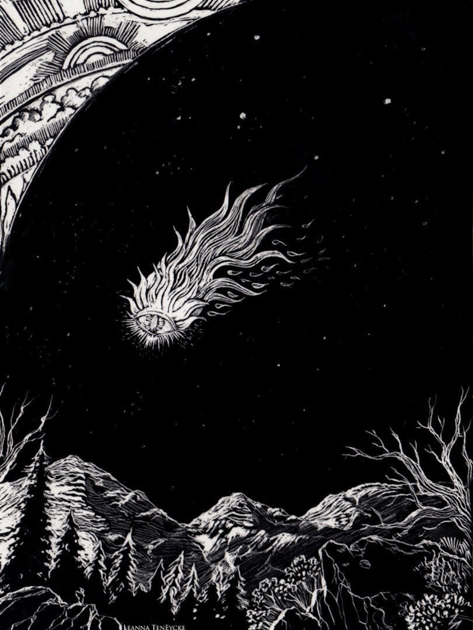 Comet Drawing Art Space Scratchboard Etching 5x7 Giclee Print - Etsy