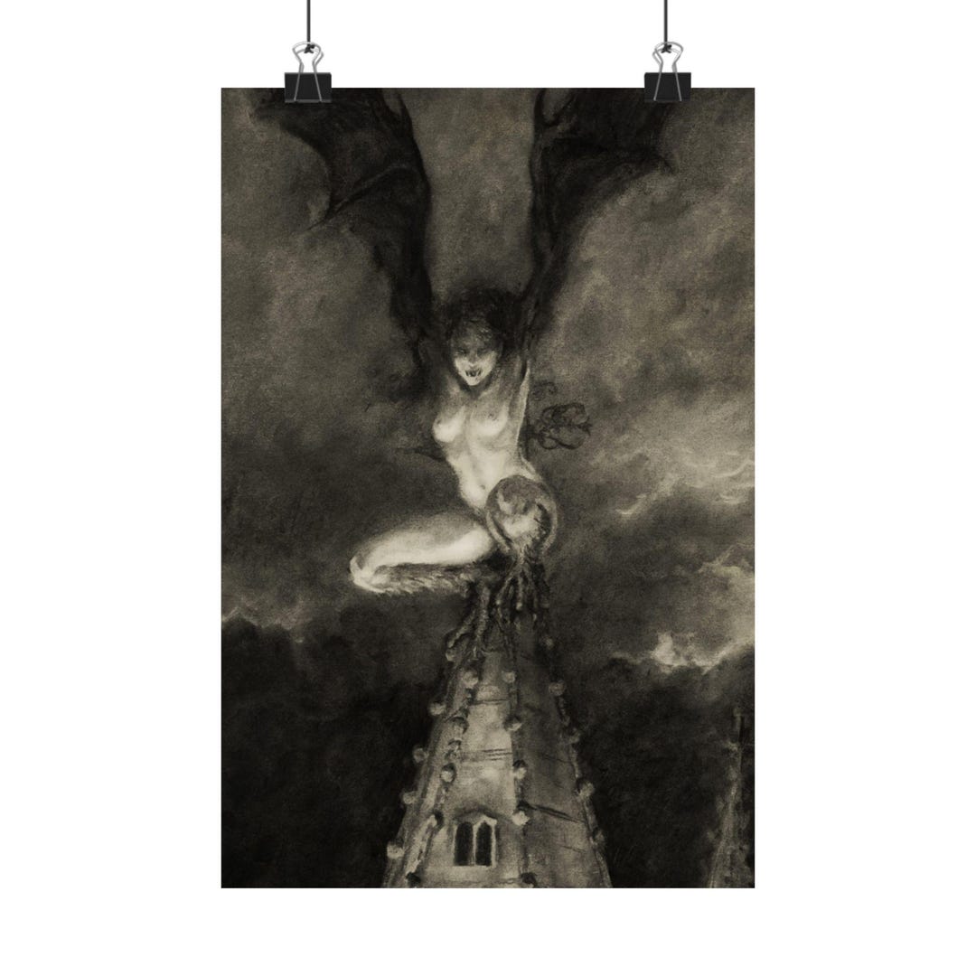 Gargoyle Harpy Charcoal Print Poster, Matte Vertical Wall Art, Gothic ...