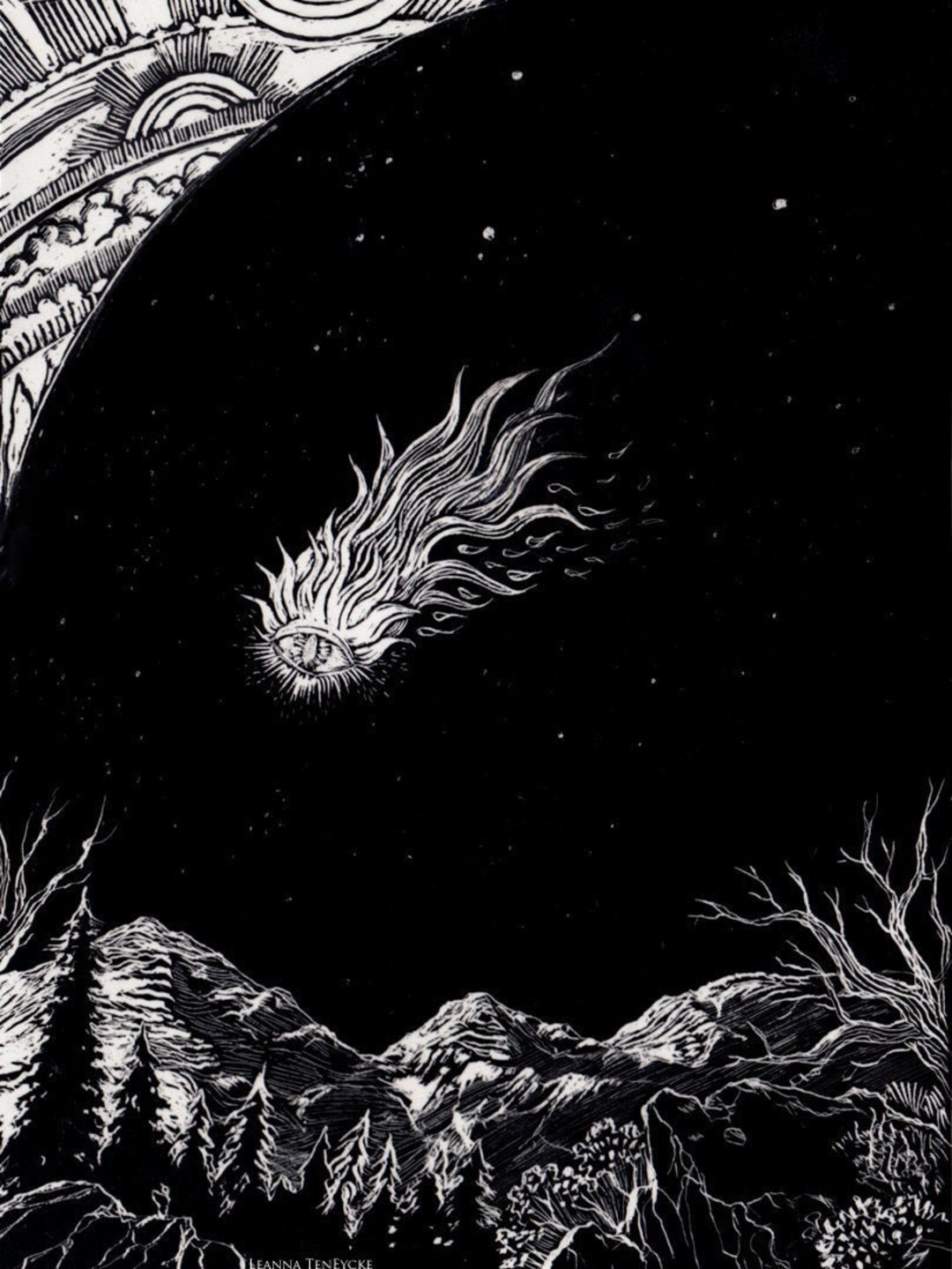 Comet Drawing Art Space Scratchboard Etching 5x7 Giclee Print Dark ...