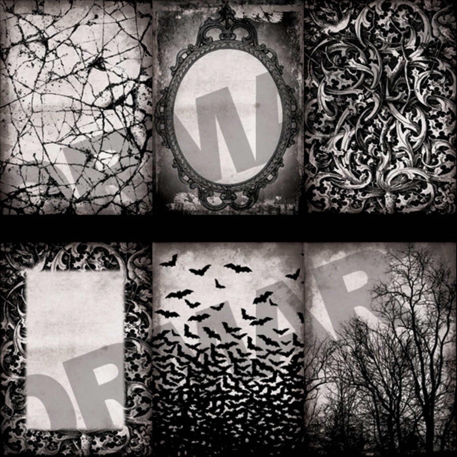 Creepy Digital Papers Horror Macabre Halloween Printable Set Black and ...