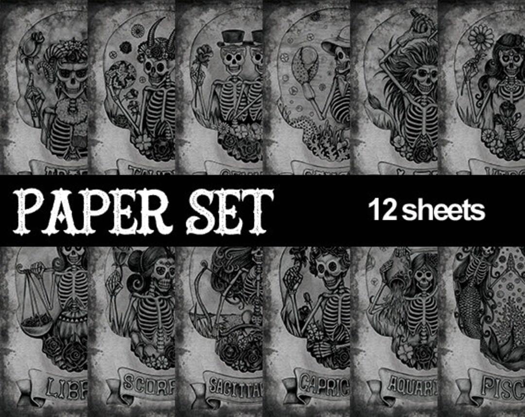 Santa Muerte Macabre Zodiac Digital Paper Skeletons Set, Occult ...