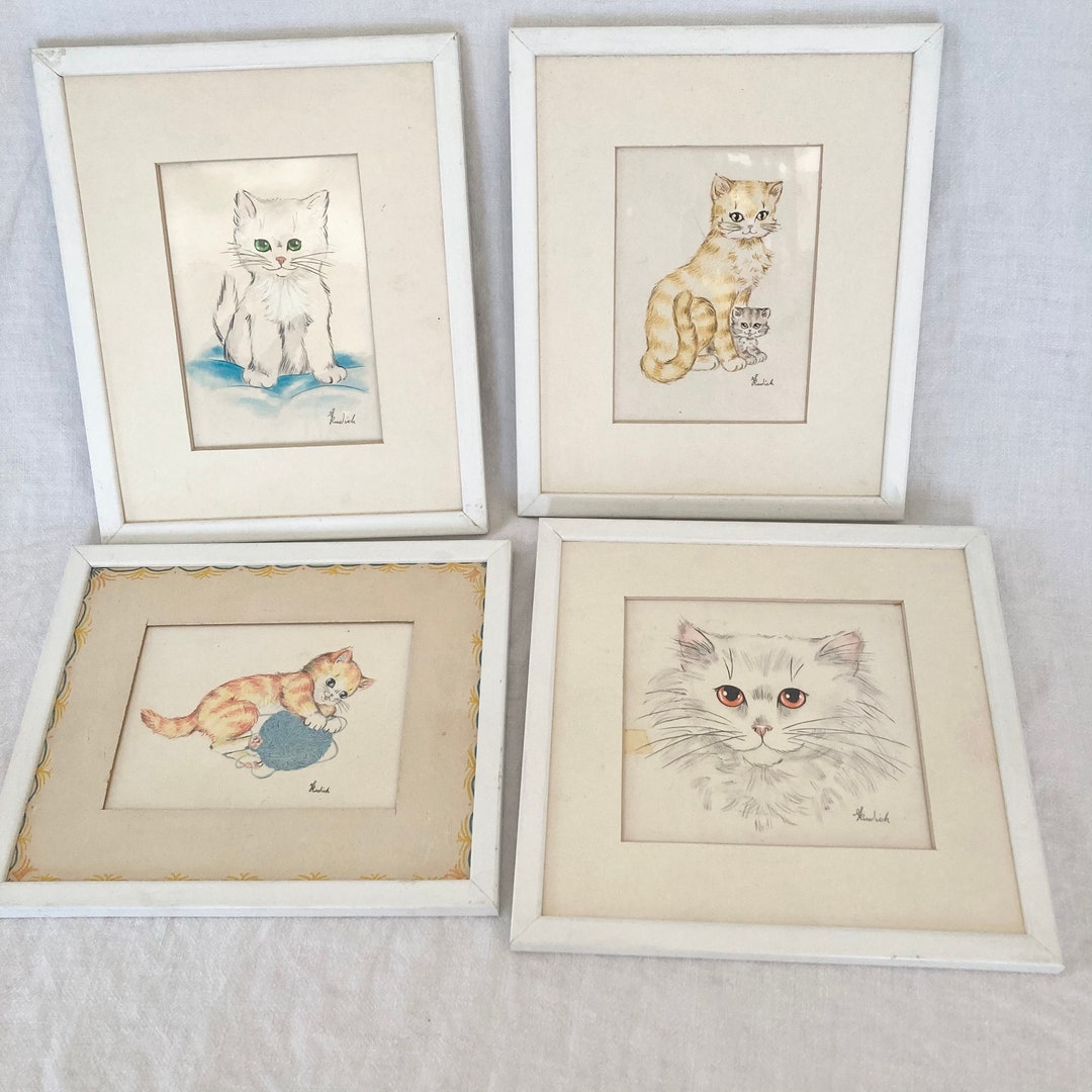 4 Framed Cat Drawings, Original Art Collection Signed by Artist - Etsy