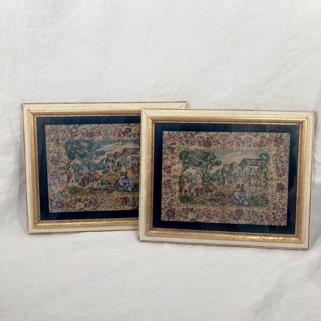 Pair Petit Point Panels, Miniature Needlepoint Tapestries, Framed Art ...