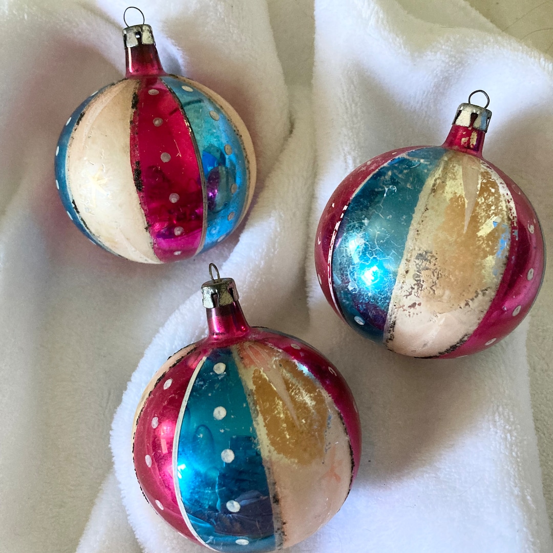 European Vintage Glass Christmas Ornaments, Colorful Pink Blue Stripe ...