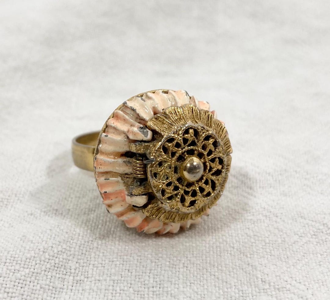 Poison Ring, Pink Flower Enameled Top, Adjustable Shank, Goldtone - Etsy