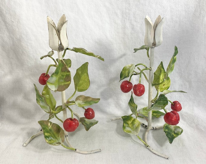 Pair of Tole Cherry Candlesticks, Vintage Handpainted Metal Flower ...