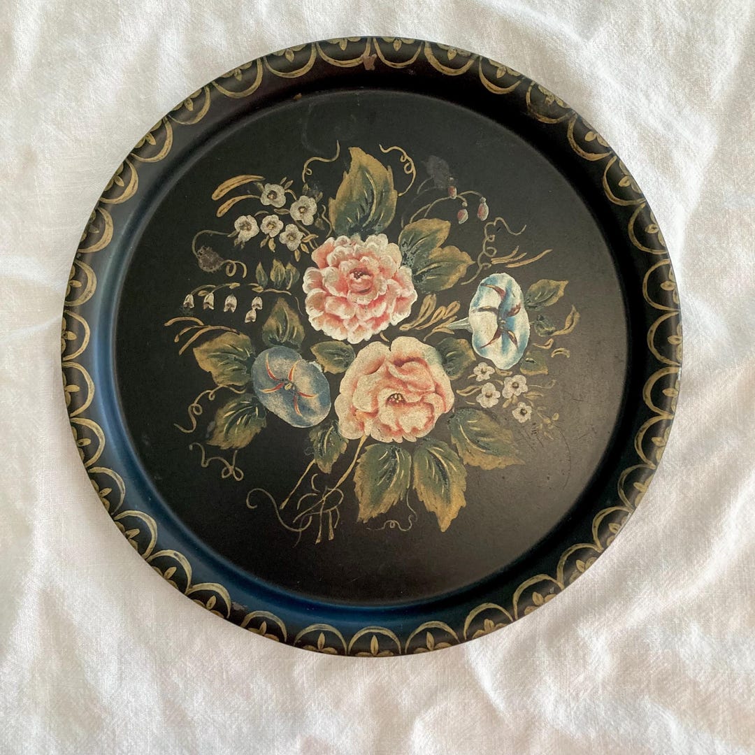 Vintage Tole Tray, Signed 1955 Pink Roses and Morning Glories Bouquet ...