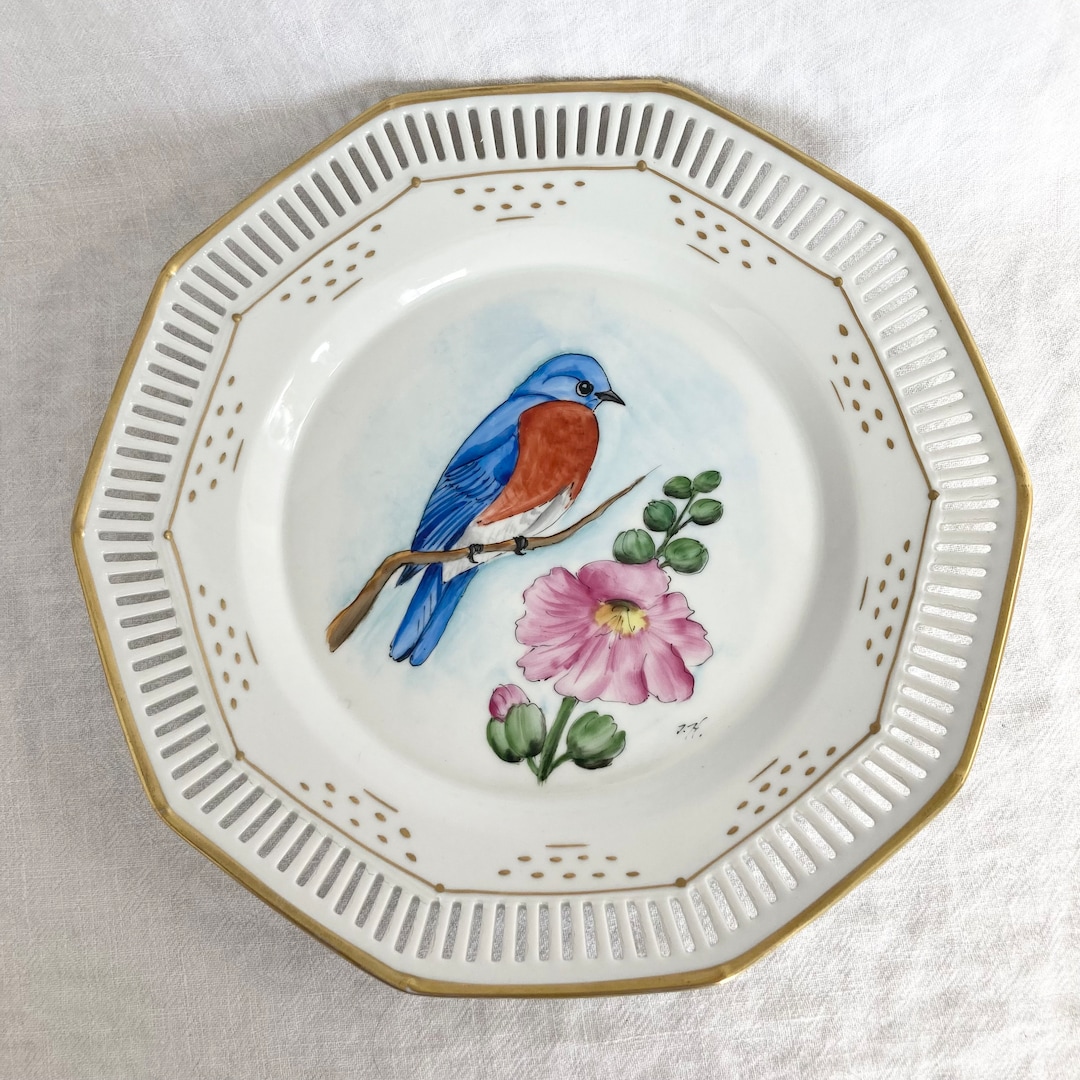 Hand Painted Bird Plate, 10 Dinner, Bluebird Fauna New York, Denmark ...