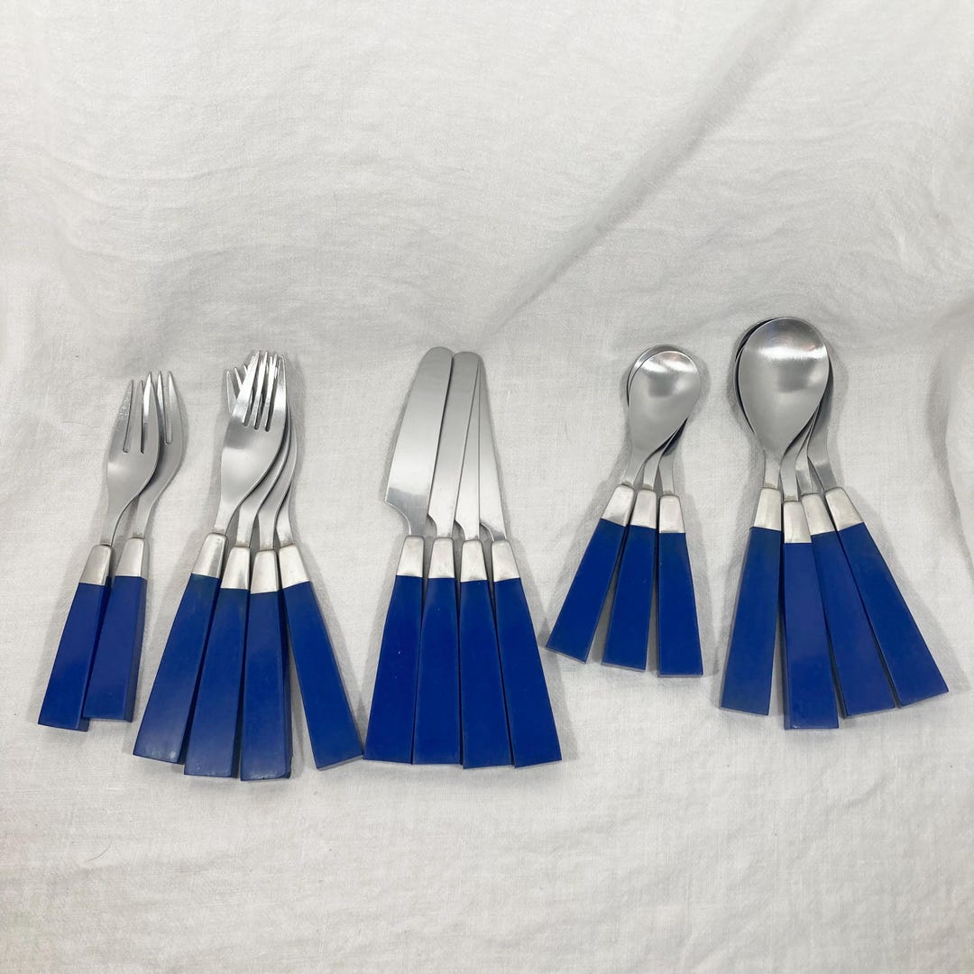 Vintage 17 Piece Supreme Flatware, Chunky Blue Handles, Stainless Steel ...