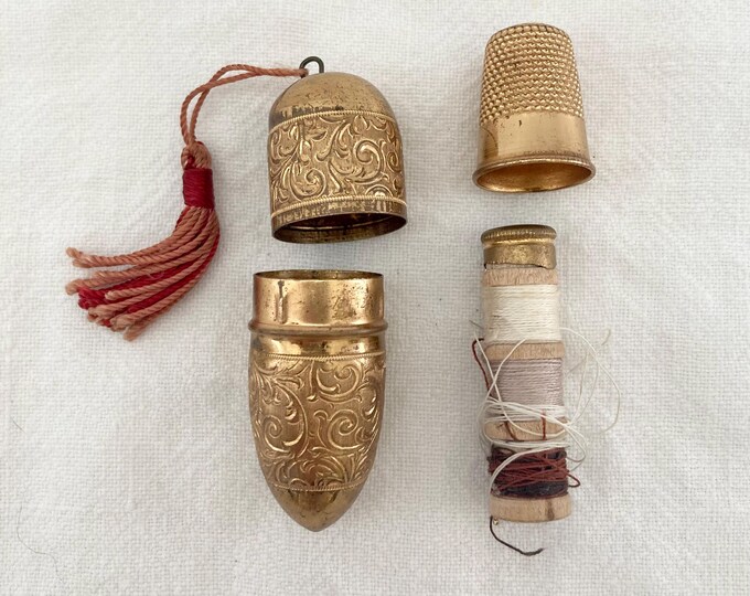 Antique Sewing Kit, Needle Thimble Case, Brass Bullet Shaped Pocket ...