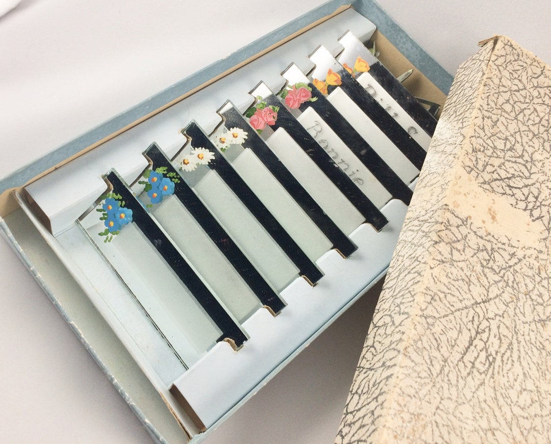 8 Vtg Reusable Place Cards Mirrored Hand Painted Flowers Complete Set ...