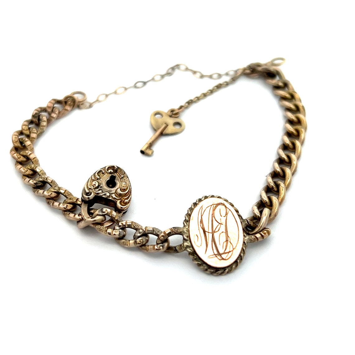 10K Yellow Rolled Gold 1904 Victorian Gate Heart and Key Lock Bracelet ...