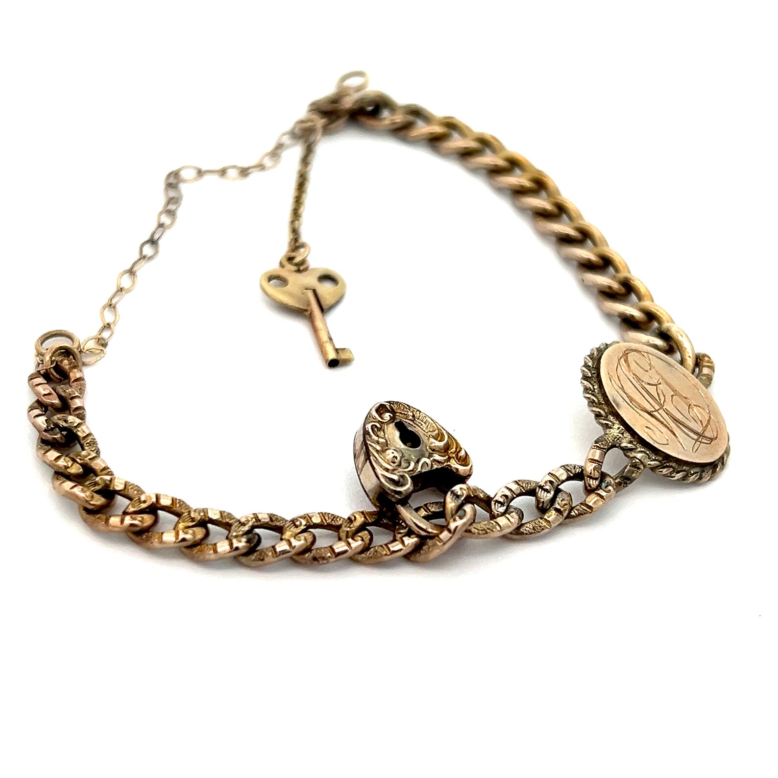 10K Yellow Rolled Gold 1904 Victorian Gate Heart and Key Lock Bracelet ...