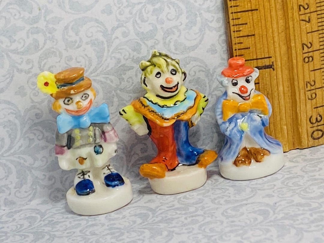3 CIRCUS CLOWNS Clown Musicians Band Hand Painted Vintage French Feve ...