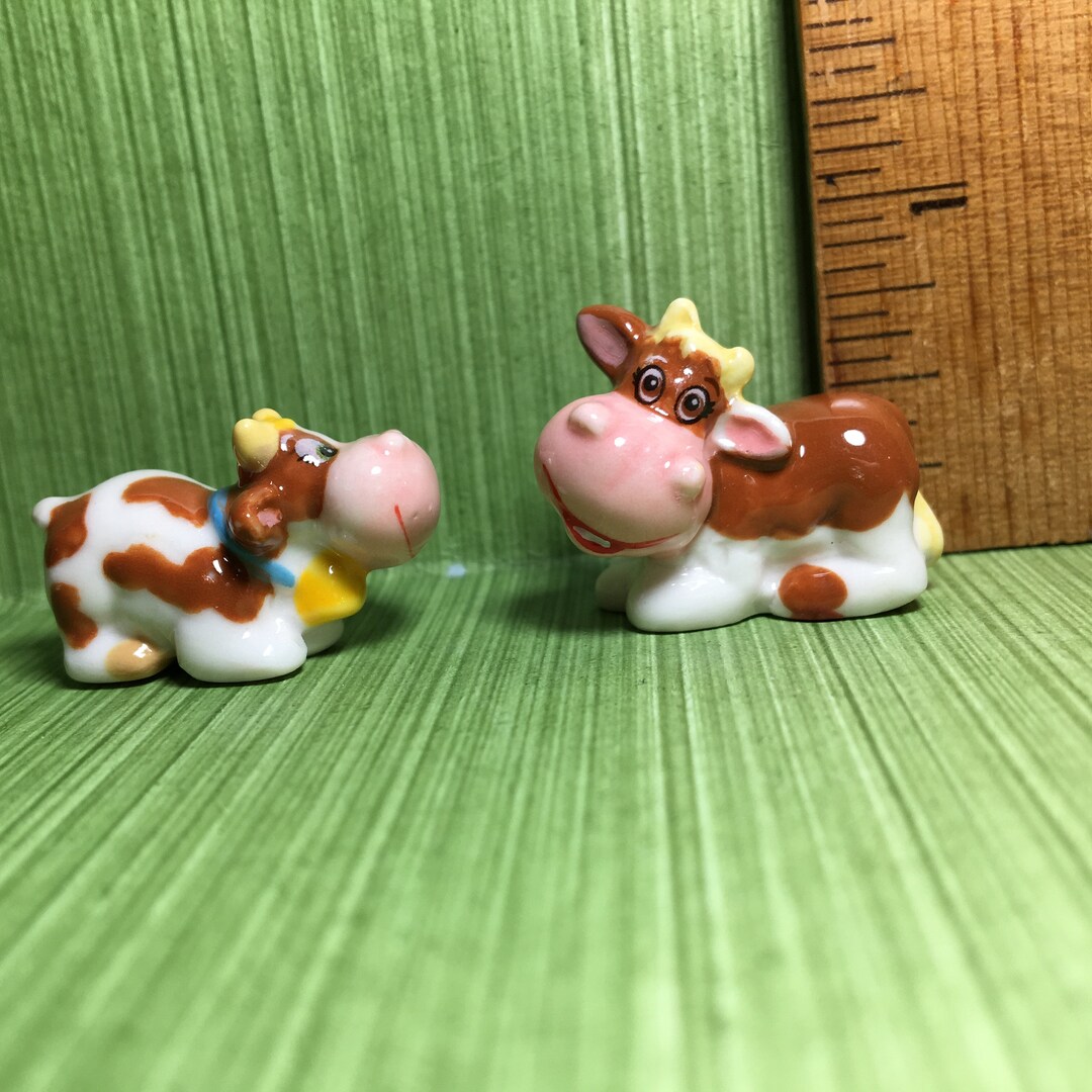 2 Cute COWS - Cattle Cow Brown & White Calf Cartoon Figurine- French ...