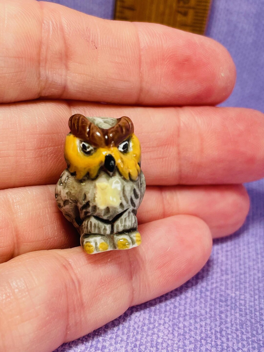 Hand Painted OWL Gray French Feves Feve Porcelain Doll House Miniature ...