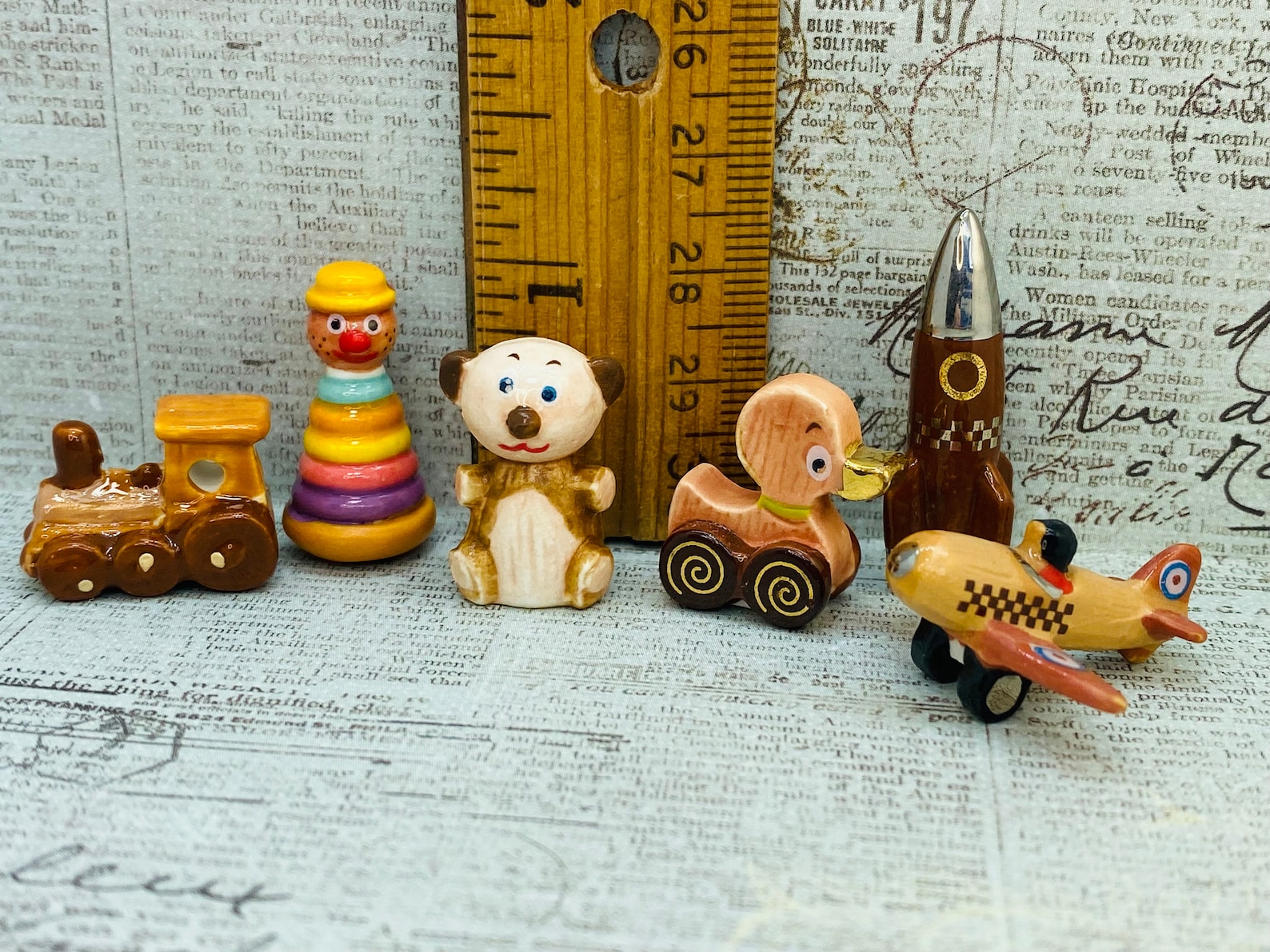 Tiny Wooden RETRO TOYS Train Plane Rocket Duck Pull Toy Bear Stacking ...