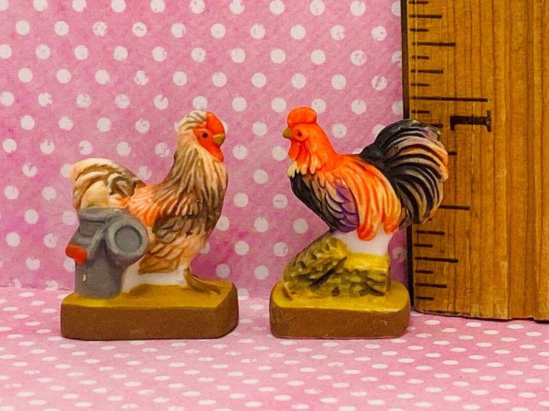 2 Tiny Chicken & Rooster ROOSTERS Birds Farm Animals Bird Hen Porcelain ...