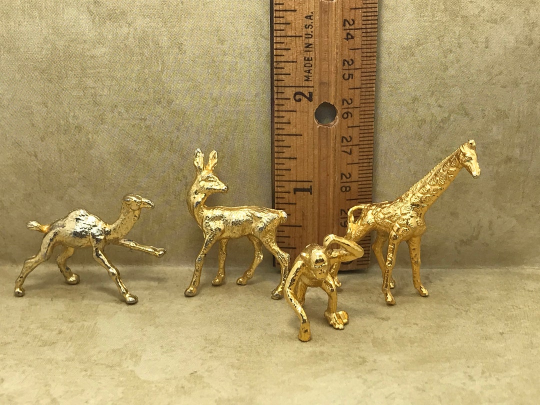 GOLD METAL Animal Miniatures Giraffe Camel Deer Monkey- Zoo Animals ...