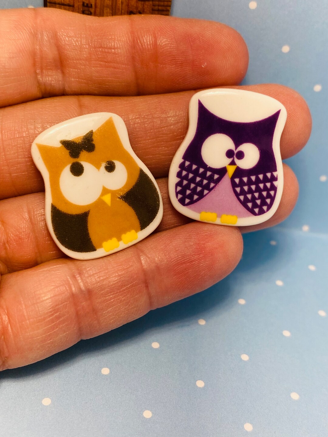 2 OWLS Flat Back Cabochon Owl French Feve Feves Porcelain Figurines ...