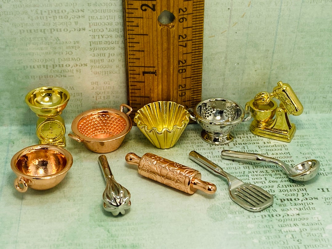 Tiny Metal Kitchen UTENSILS Baking Supplies Mixer Bowl Colander Rolling ...