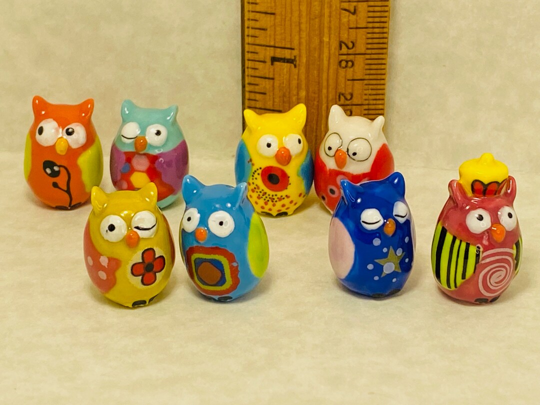 TINY OWLS Colorful Art OWL Figures French Feve Feves Porcelain ...