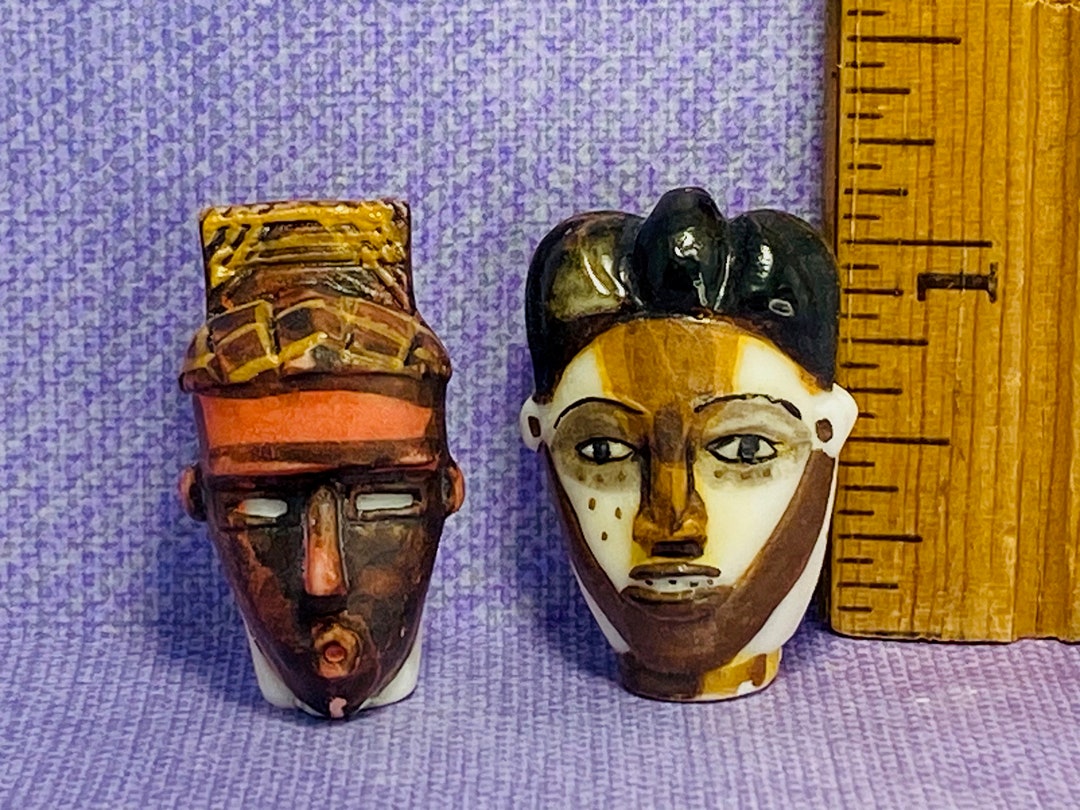 2 Tiny AFRICAN MASKS Hand Painted Porcelain Africa Mask - French Feve ...