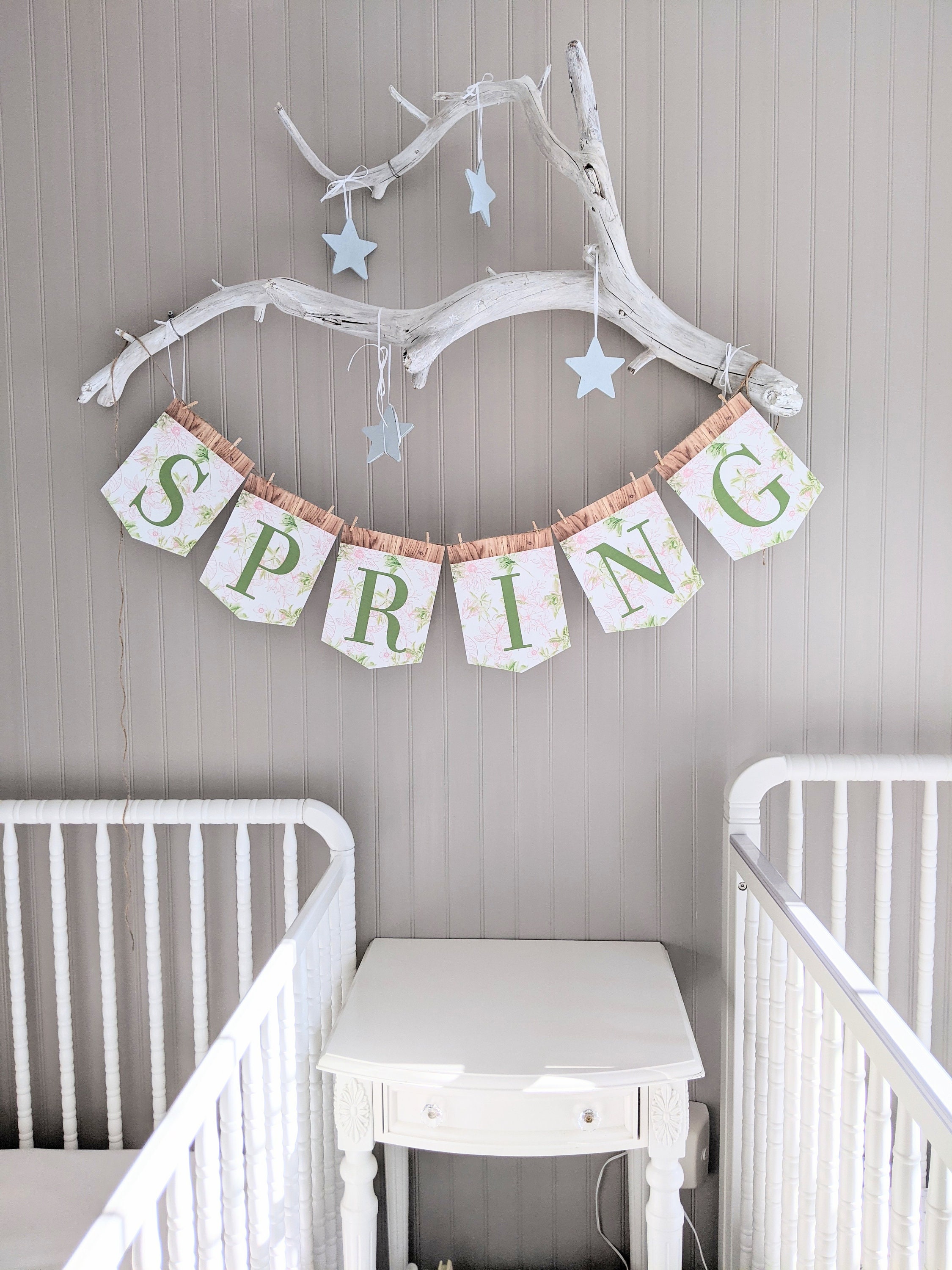 Spring Watercolor Flower Banner With Faux Wood Printable Banner Flag ...