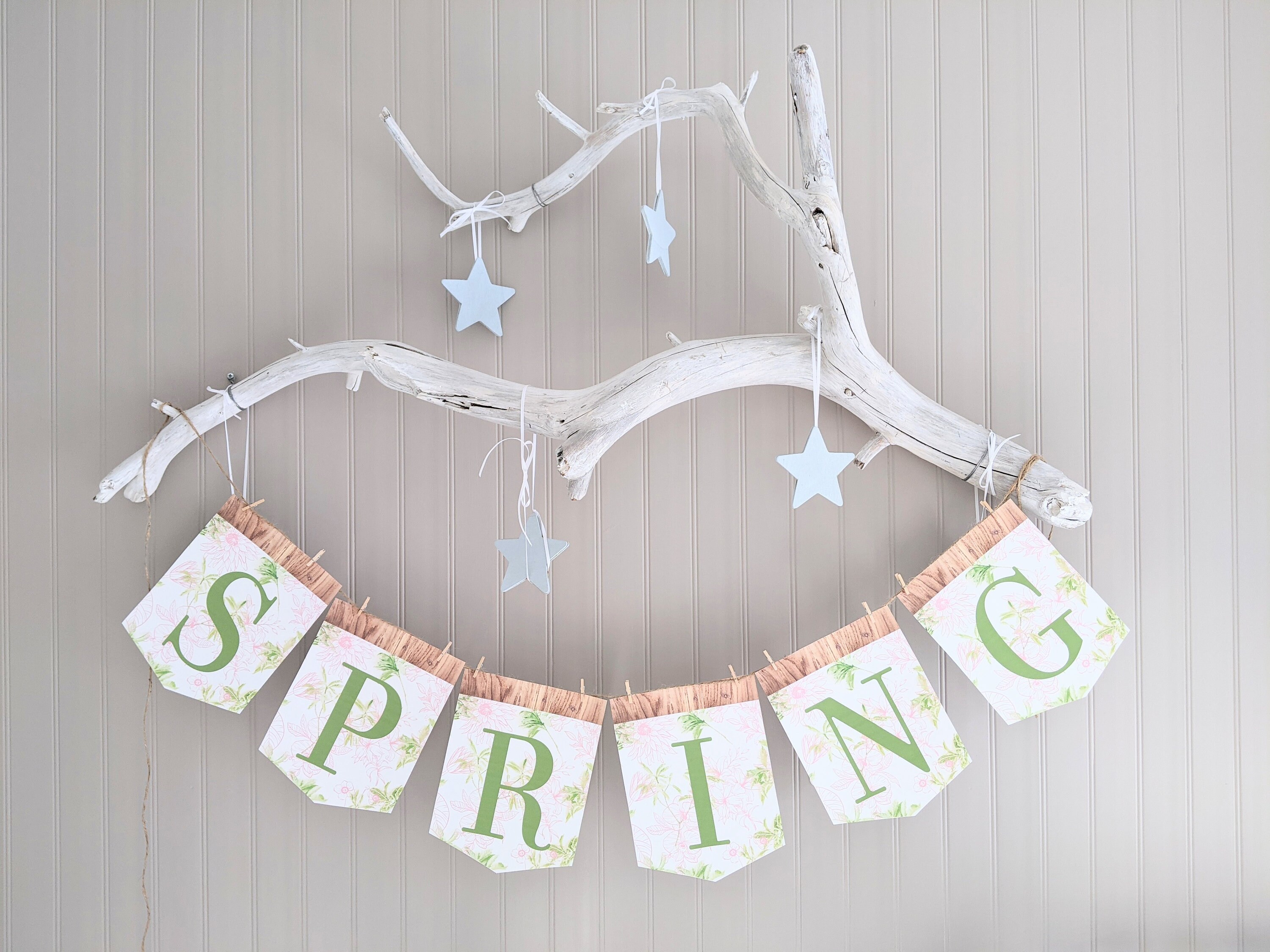 Spring Watercolor Flower Banner With Faux Wood Printable Banner Flag ...