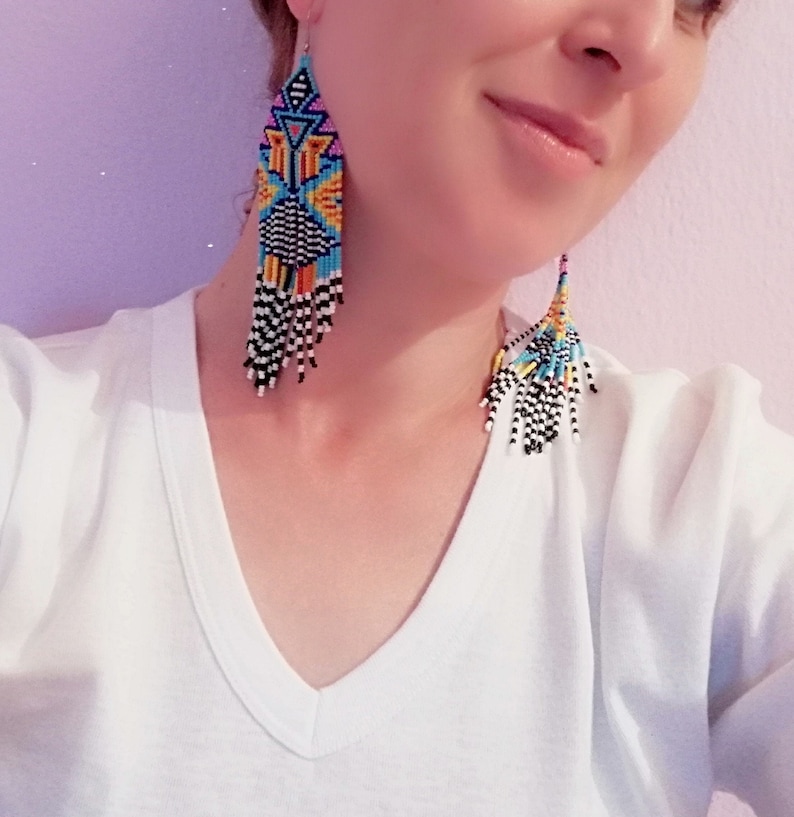 Native American style Colorful beaded long fringe earrings | Etsy
