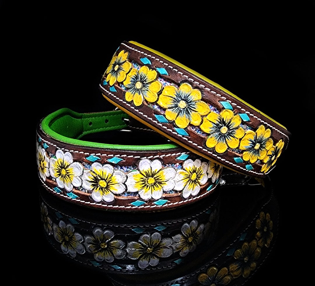 Daisy Dream, Floral Leather Dog Collar, Padded Collar, Daisy Collar ...