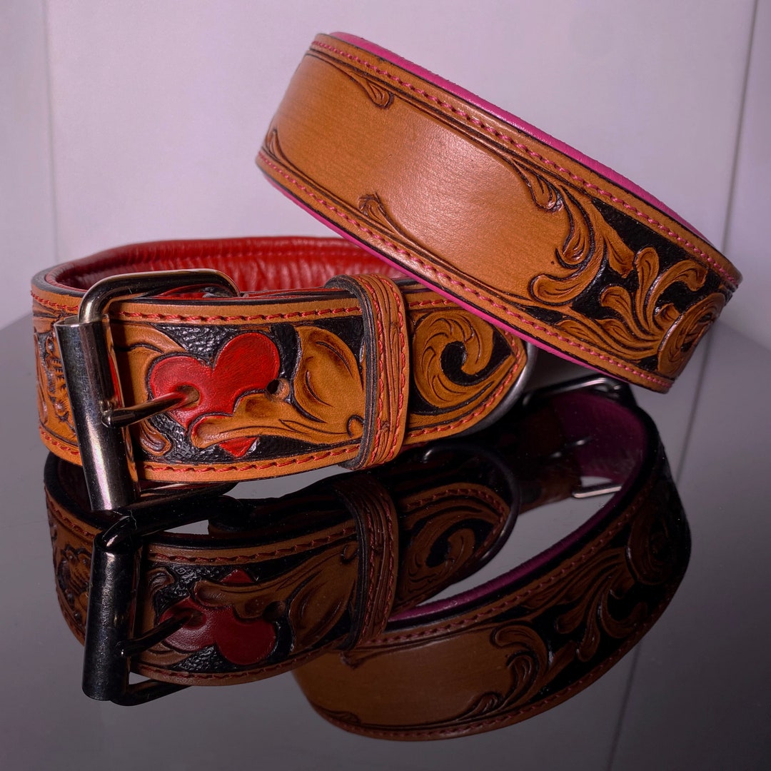 Leather Collar With Name, 14 Inch Collar, 1.5 Inch Wide, Red Padded Dog ...