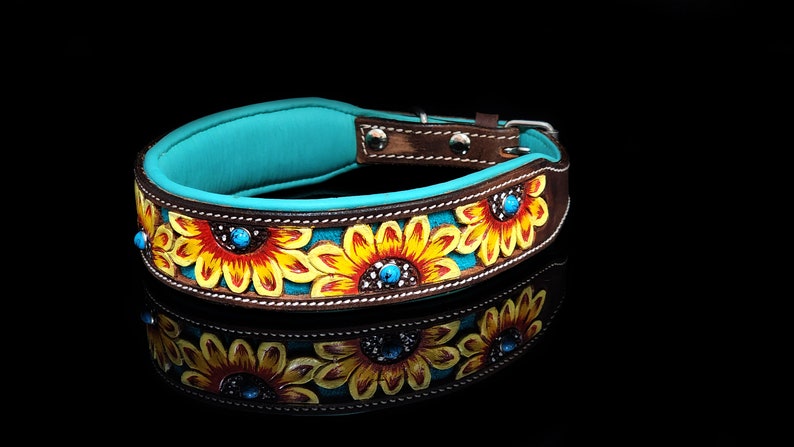 Turquoise Sunflower, Leather Dog Collar, Sunflower Collar, Bright Dog ...