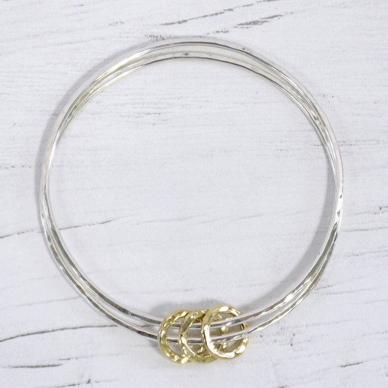 Handmade Hammered Double Silver Bangle With Gold Rings - Etsy UK