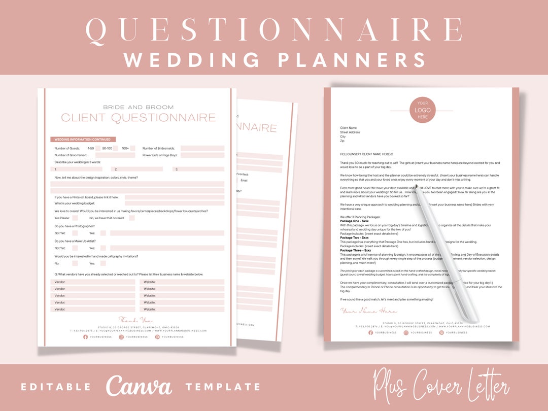 Wedding Planner Client Questionnaire and Welcome Letter, Intake Form ...
