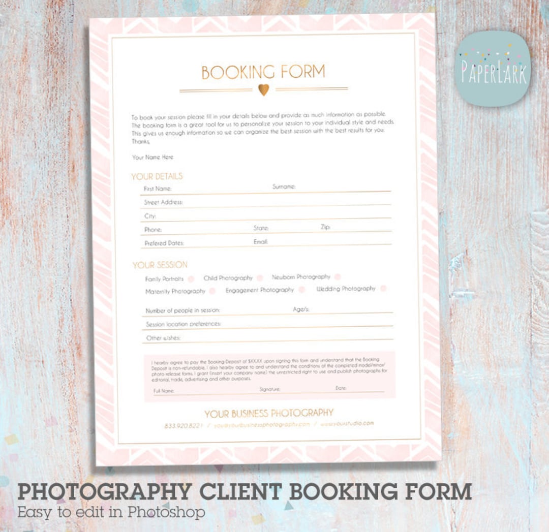 Photography Booking Form, Client Booking Form for Photographers, Sign ...