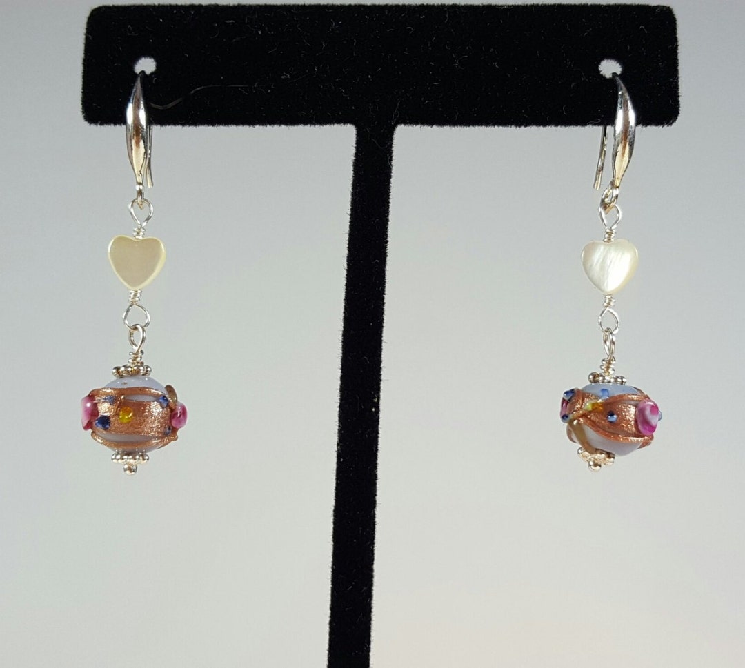 Silver Earrings With Pearl Nuts Hearts and Handmade Venetian Beads - Etsy