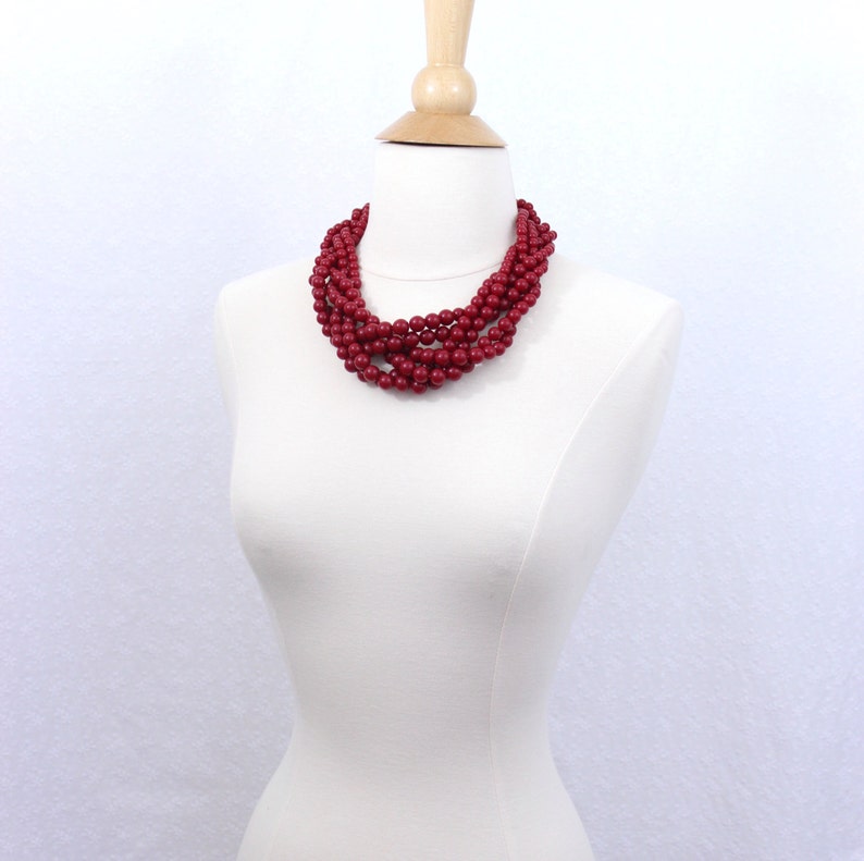 Dark Red Braided Beaded Statement Necklace: Chunky Resin Beads - Etsy