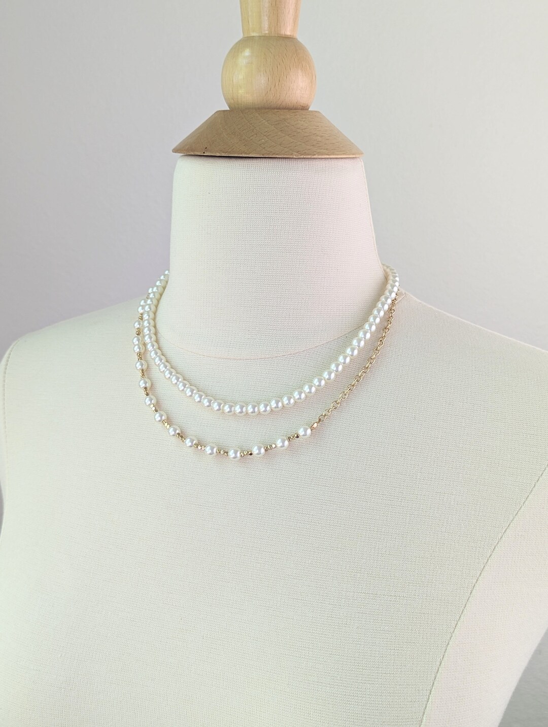 Dainty Pearl Necklace With Golden Links Double Strand Collar Necklace ...
