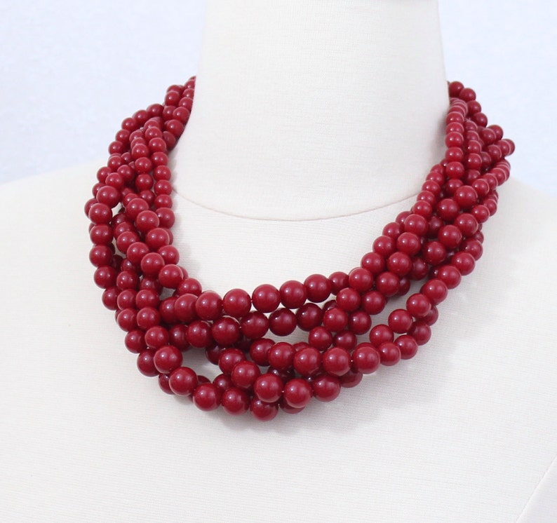 Dark Red Braided Beaded Statement Necklace: Chunky Resin Beads - Etsy