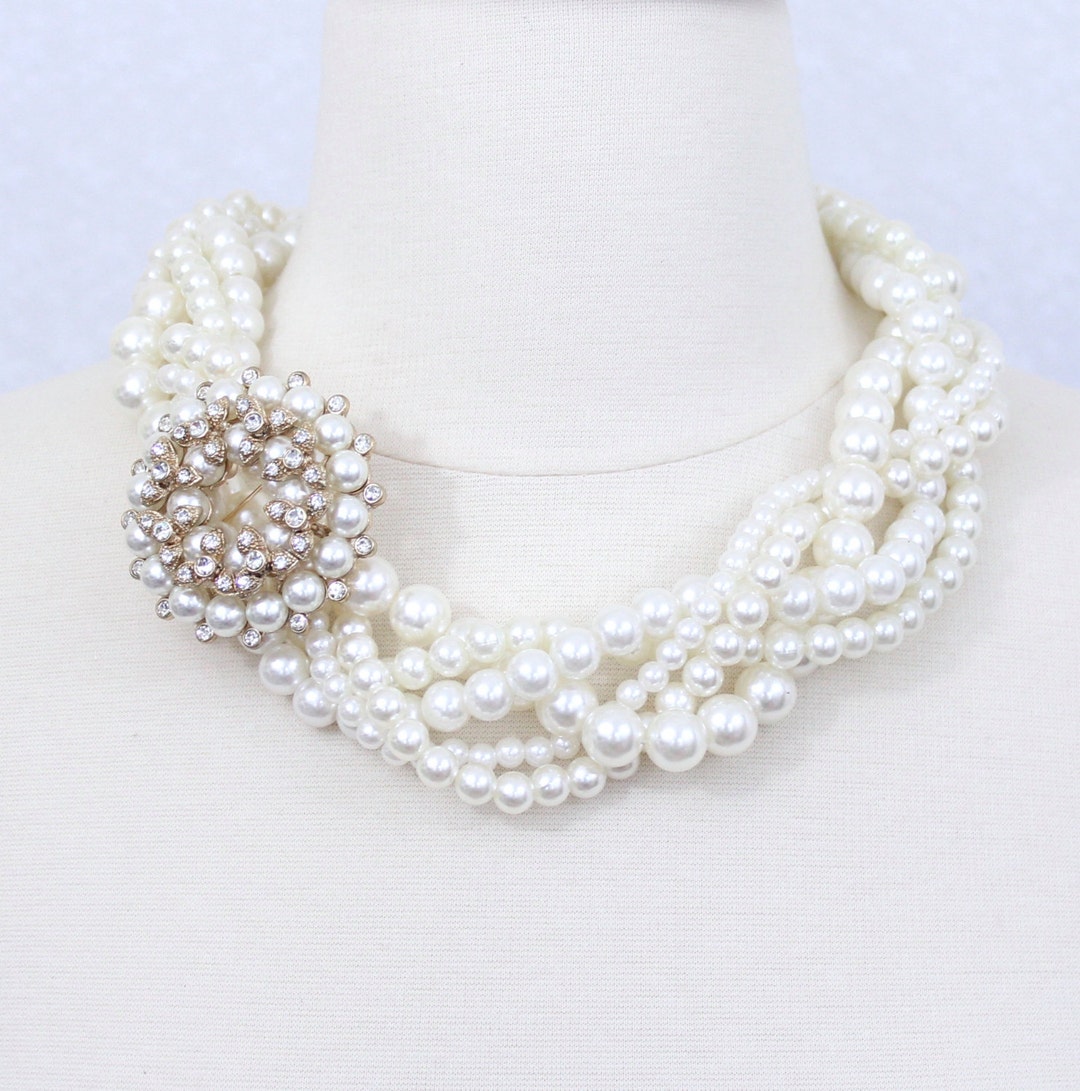 Braided Pearl Statement Necklace: Bridal Flower Brooch - Etsy