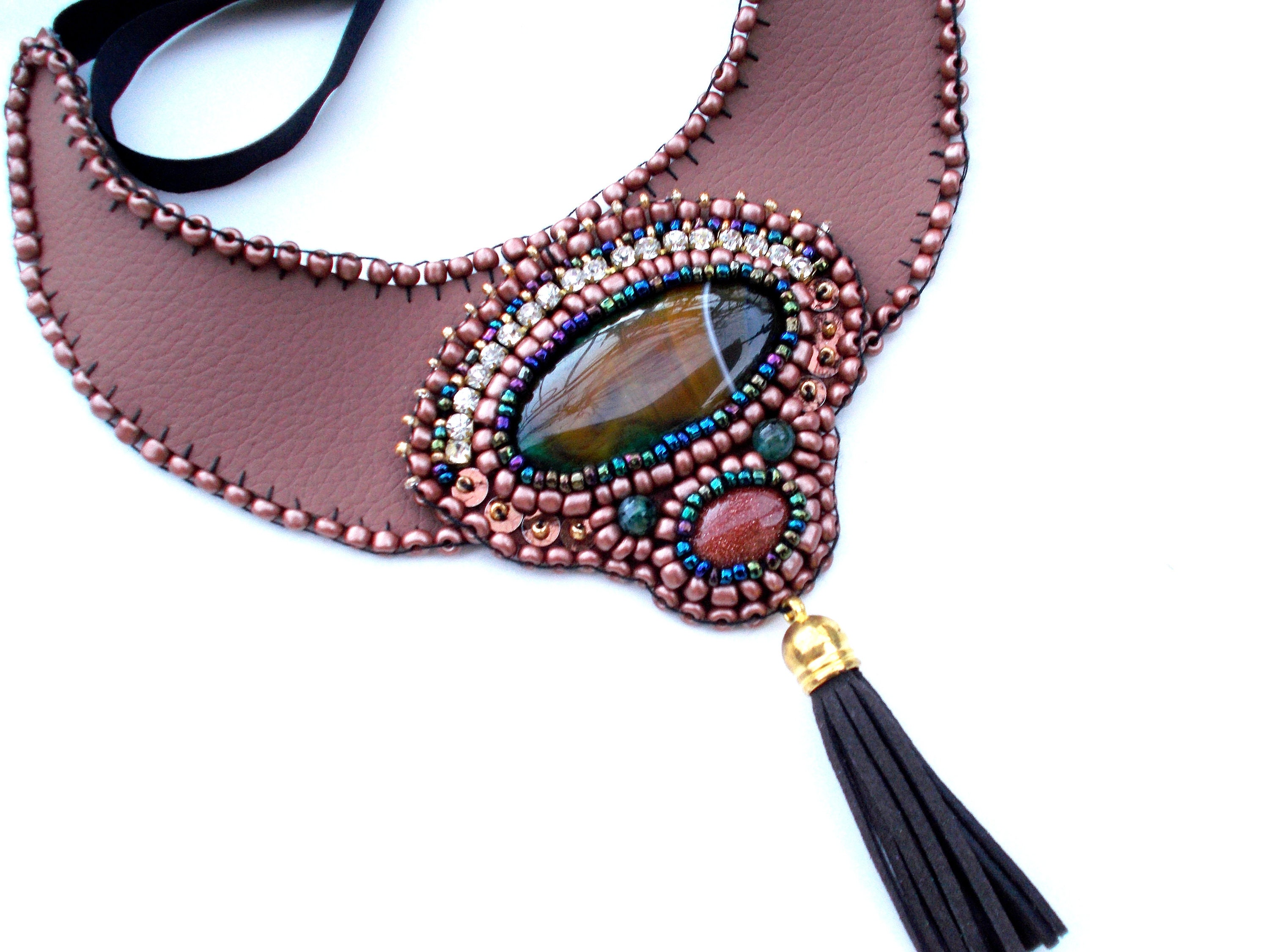 Brown Bronze Collar Necklace - Bead Embroidery Necklace Design Handmade ...