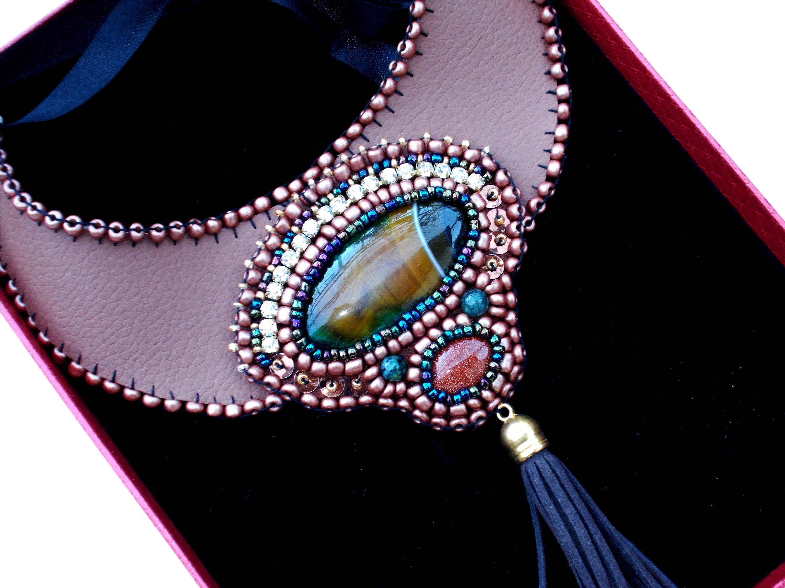 Brown Bronze Collar Necklace - Bead Embroidery Necklace Design Handmade ...