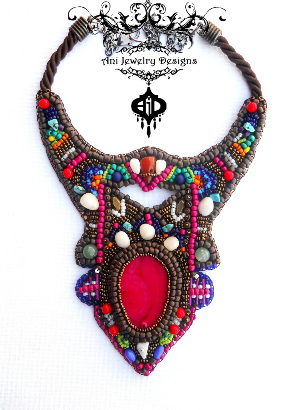 Nomad Tuareg Inspired Bead Embroidery Necklace Tribal Pink Agate ...
